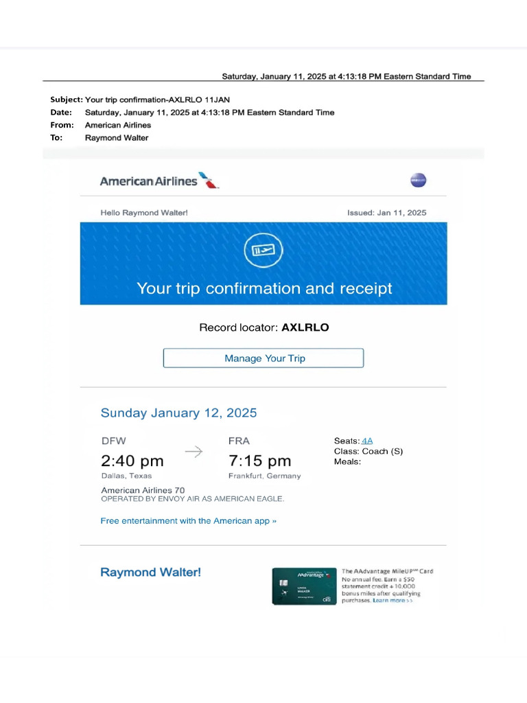 American Airlines Flight Ticket Confirmation- First Class. | PDF
