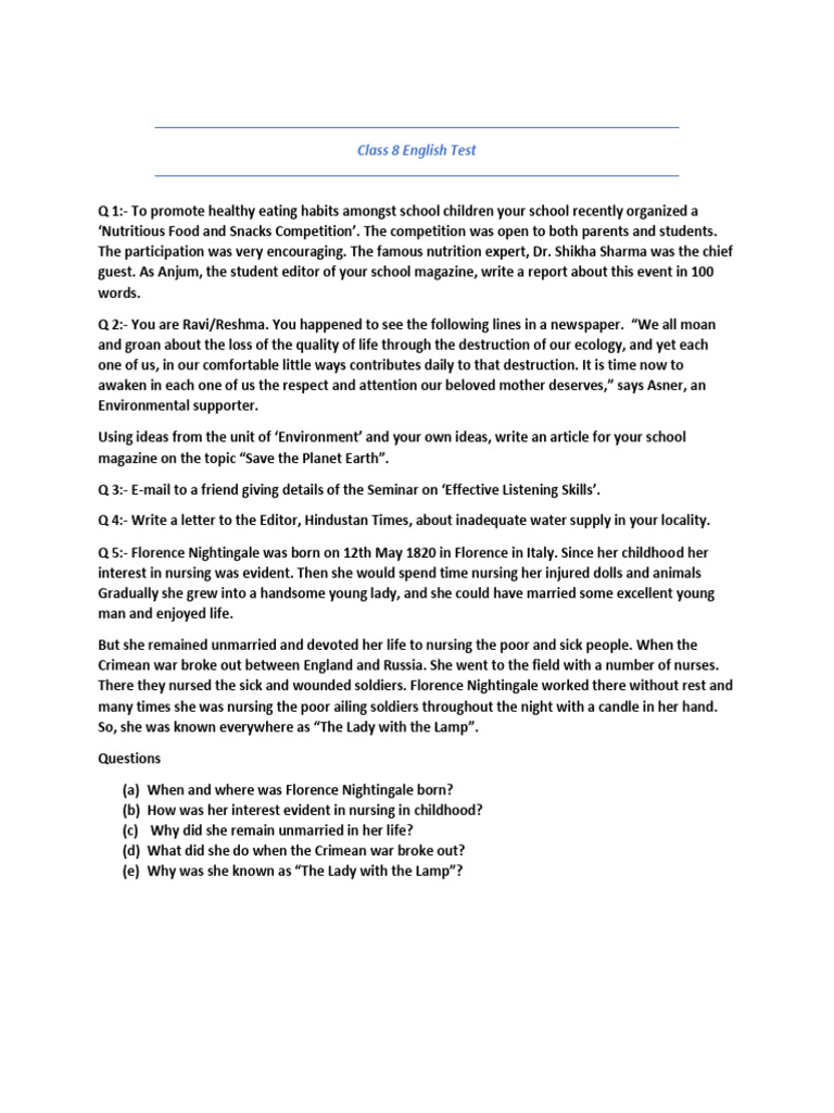 Class 8 English Test | PDF