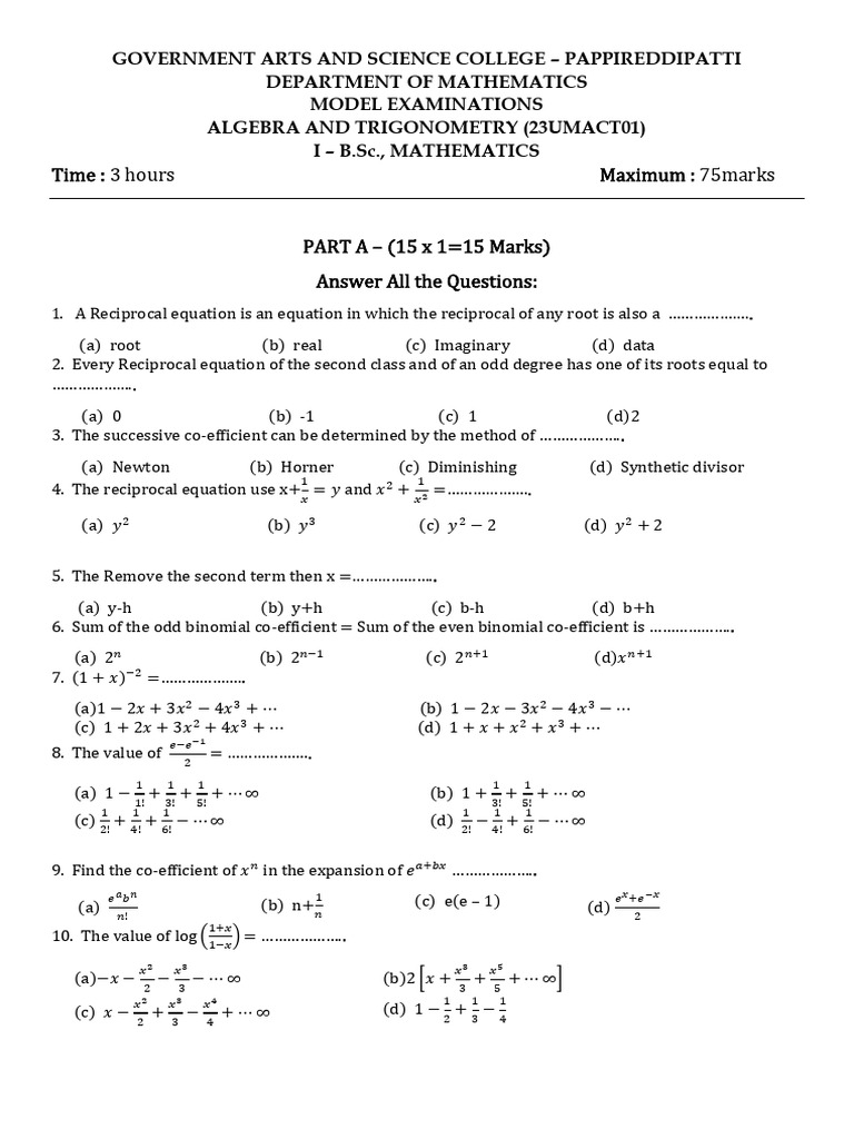 Algebra and Trigonometry Exam Paper | PDF | Matrix (Mathematics ...