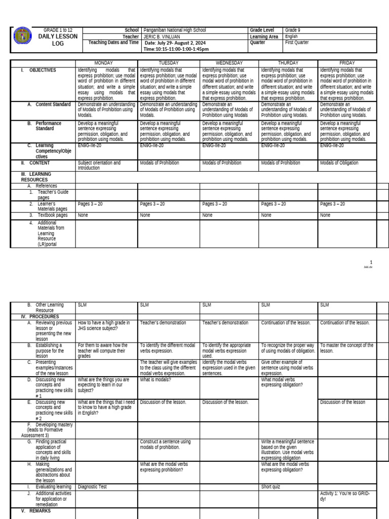 Grade 9 English Lesson Plan: Modals | PDF | Learning | Cognition