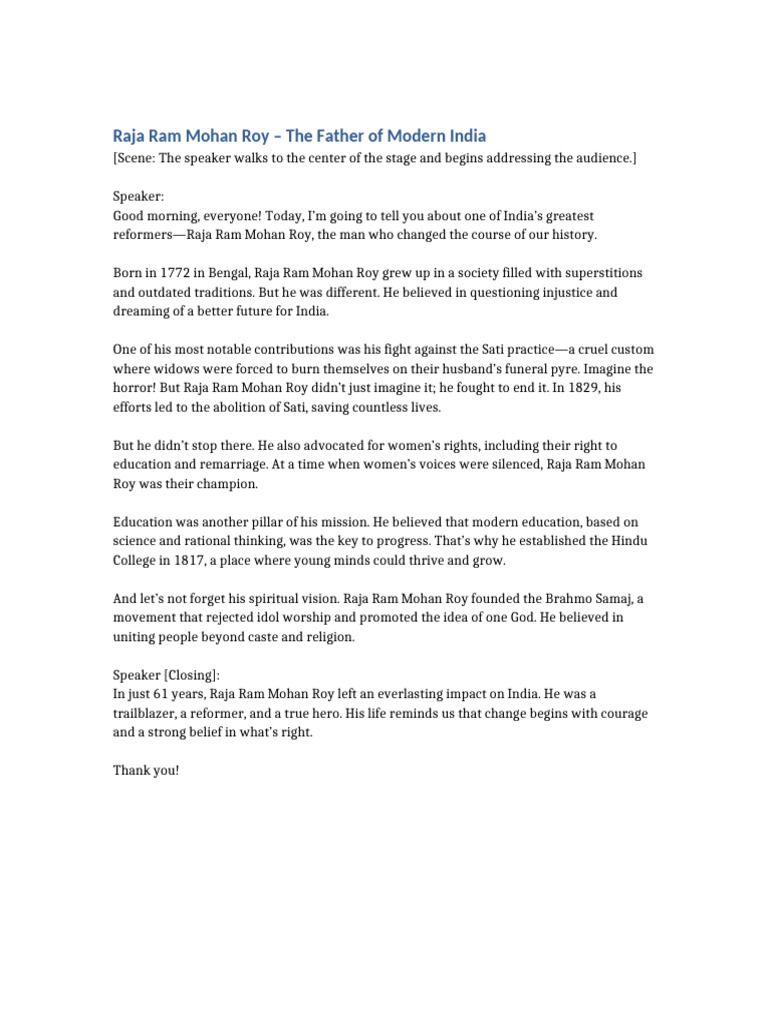 Raja Ram Mohan Roy Script | PDF