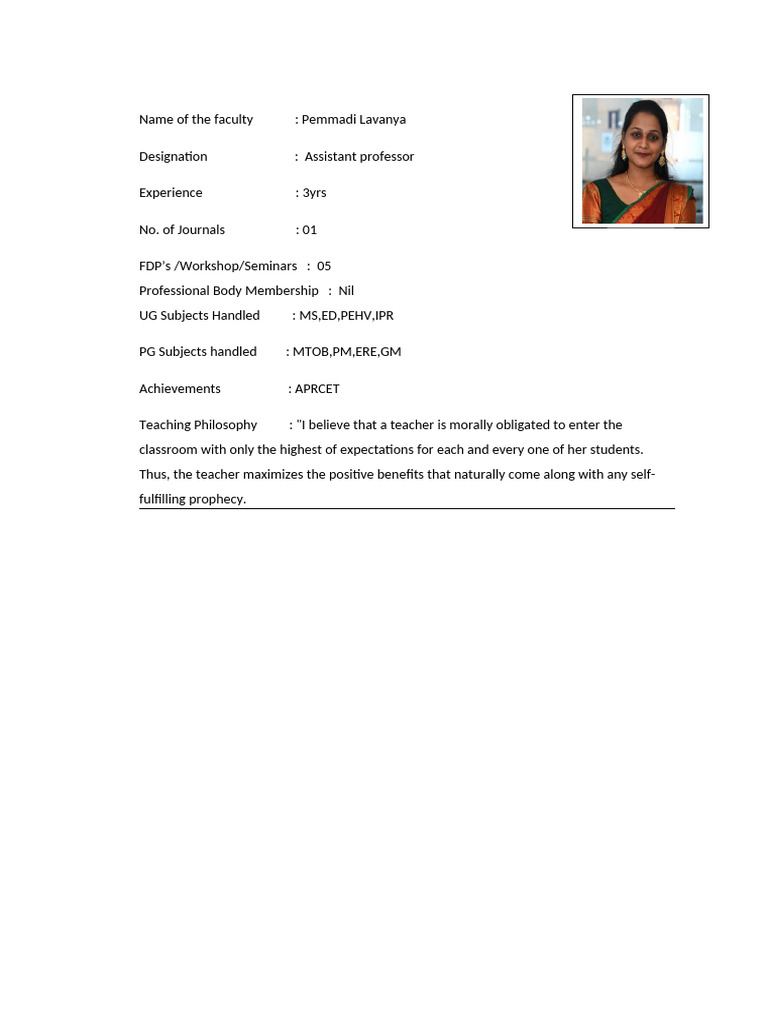 Faculty Profile New Format Lavanya | PDF