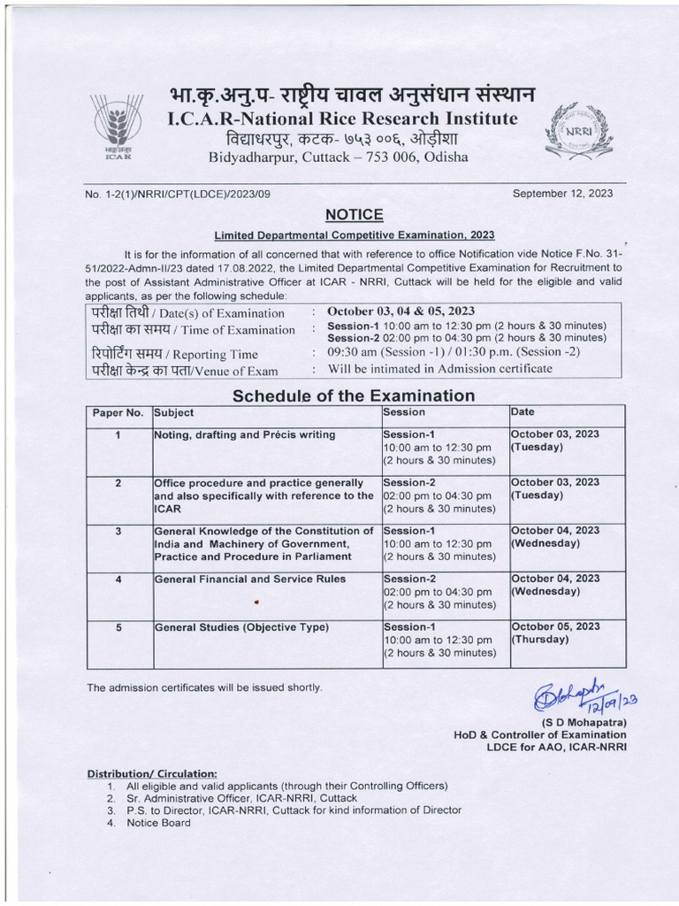 Examination Notice LDCE Examination 2023 NRRI Cuttack | PDF | Qualifications | Vocational Education