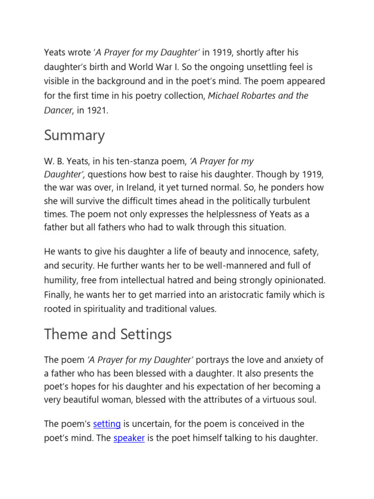 Yeats' Prayer for His Daughter | PDF