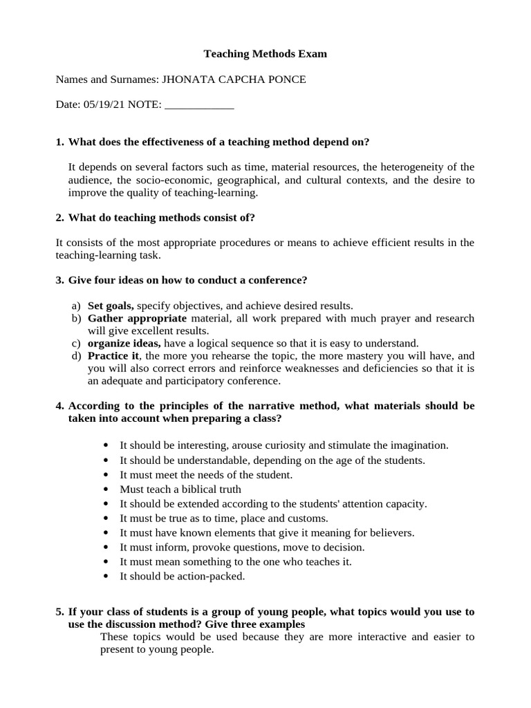 Teaching Methods Exam | PDF | Teaching Method | Cognition