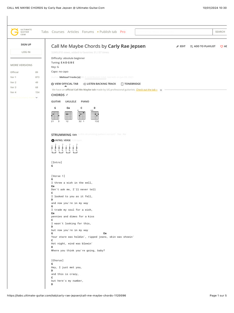 CALL ME MAYBE CHORDS by Carly Rae Jepsen @ | PDF | Sound Recording ...