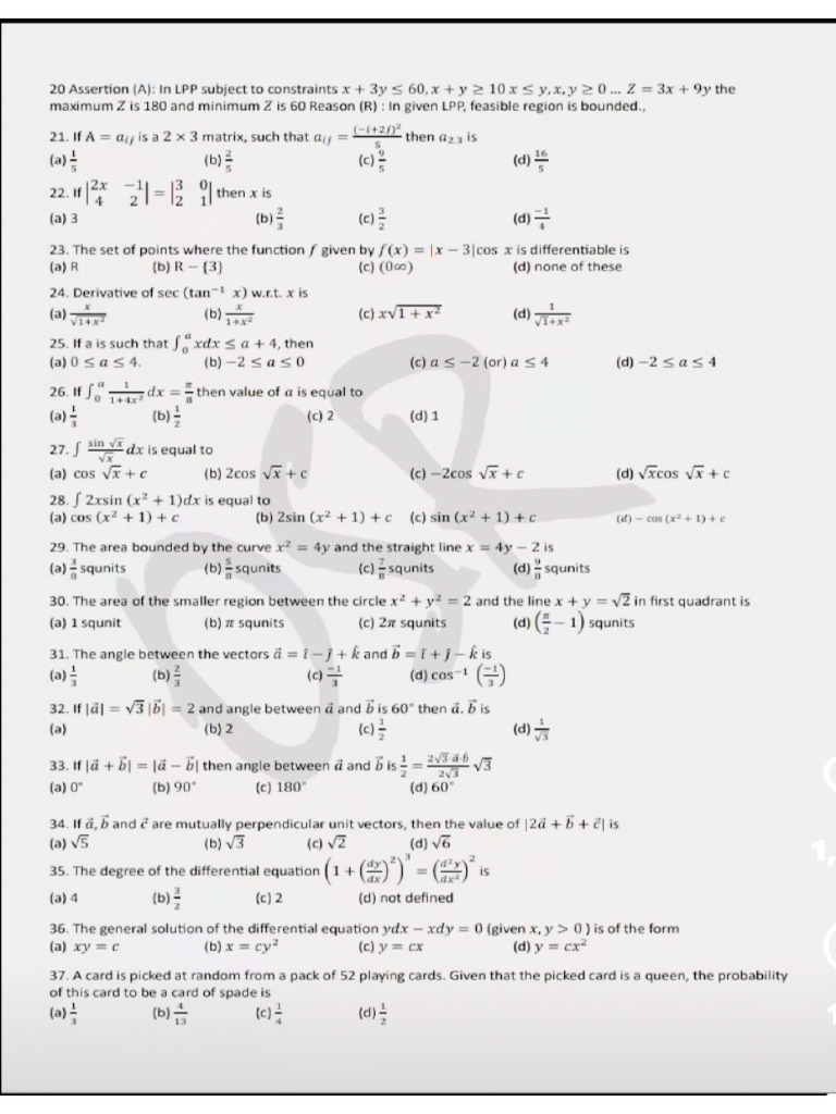 200 MCQ For Class 12 Maths Practice (2025) | PDF