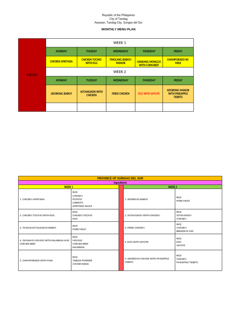 CDC CDW Monthly Menu Plan | PDF | Foods | North American Cuisine