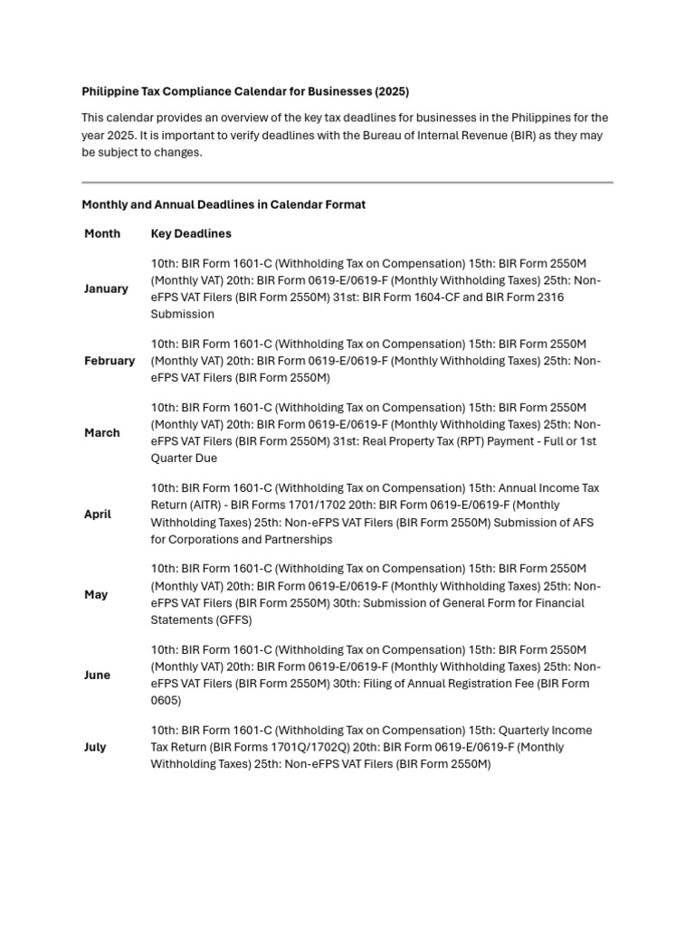 Philippine Tax Compliance Calendar For Businesses | PDF | Value Added ...