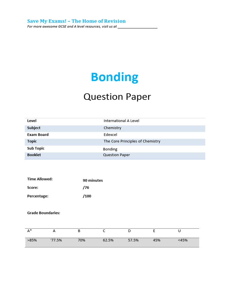 A Level Chemistry Bonding Question Paper | PDF | Schools | Career And ...