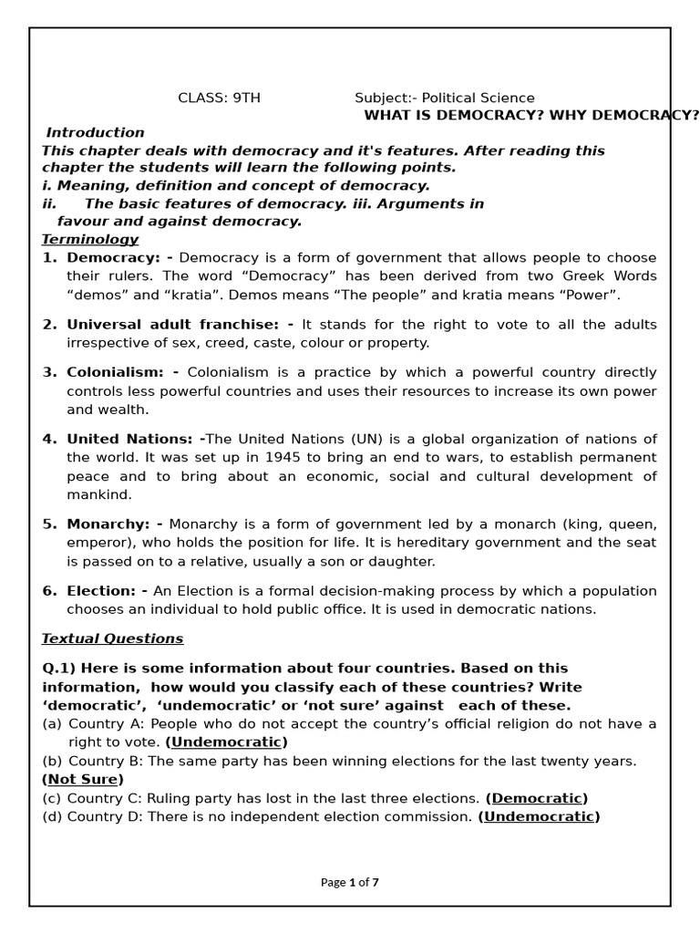 9TH CIVICS U1 What Democracy | PDF | Democracy | Political Ideologies