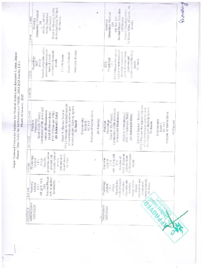 Time Table of 1st MBBS Batch 2024 For January 2025 | PDF