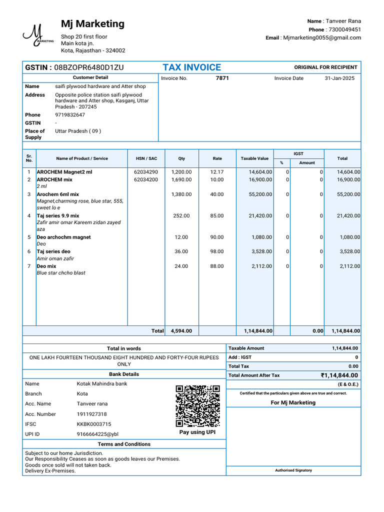 Invoice 7871 Saifi Plywood Hardware and Atter Shop Mohammed Saifi 09-14 ...
