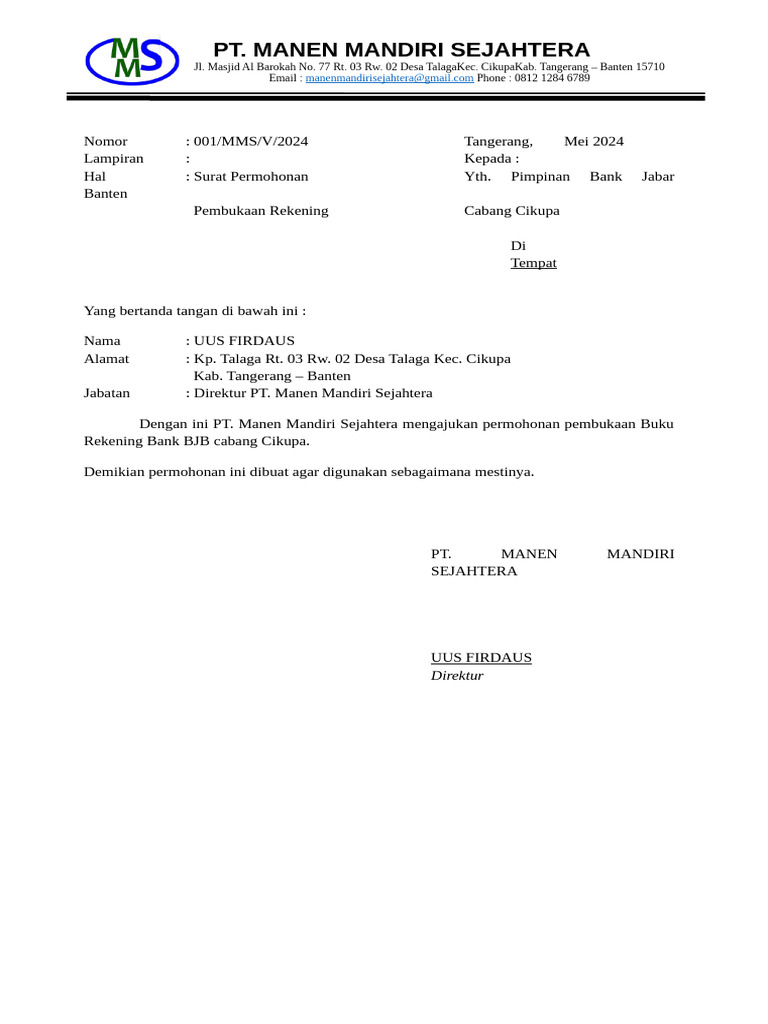 Kop Surat PT Manen Mandiri Sejahtera | PDF