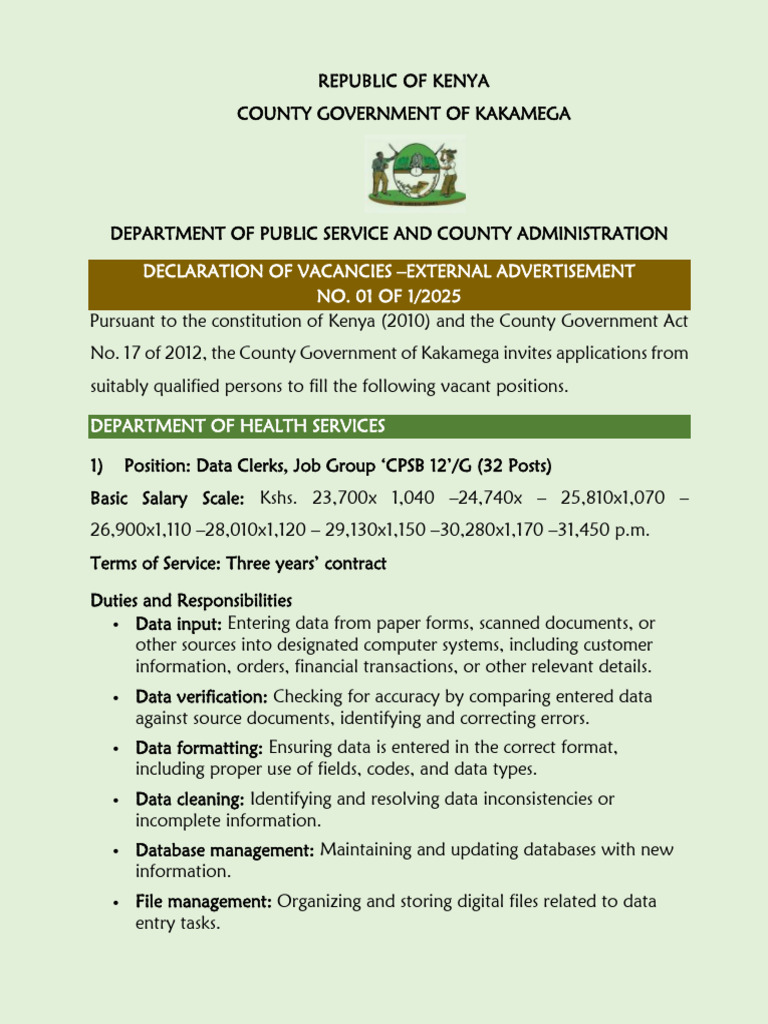 Kakamega County Data Clerk Vacancies 2025 | PDF | Databases | Data