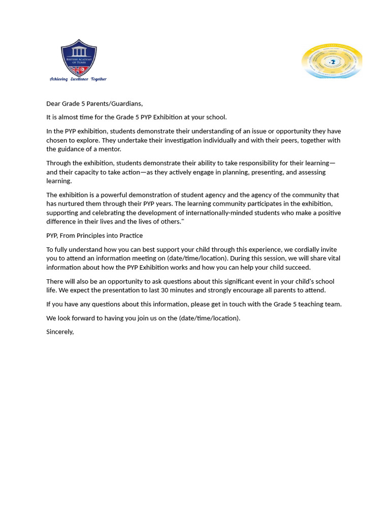 Grade 5 PYP Exhibition Info Meeting | PDF