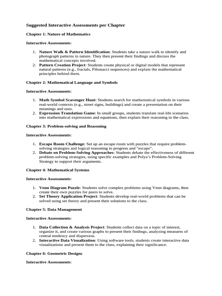 Suggested Interactive Assessments Per Chapter AND RUBRICS | PDF ...