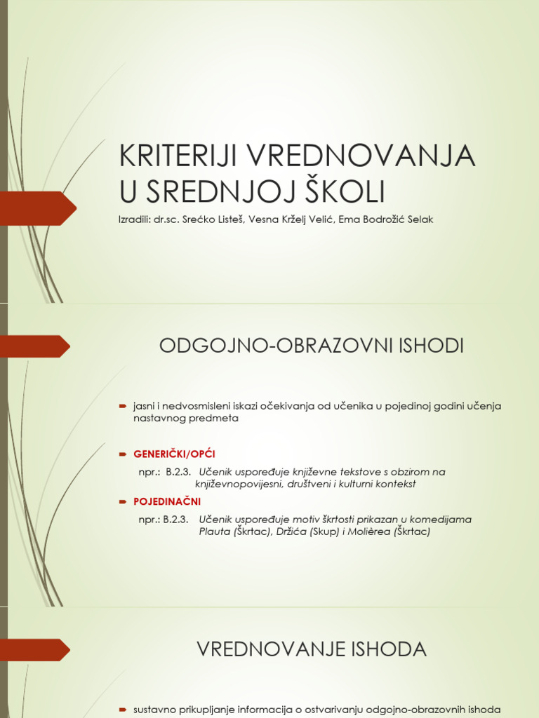 Kriteriji Vrjednovanja U Srednjoj Skoli 2022 | PDF