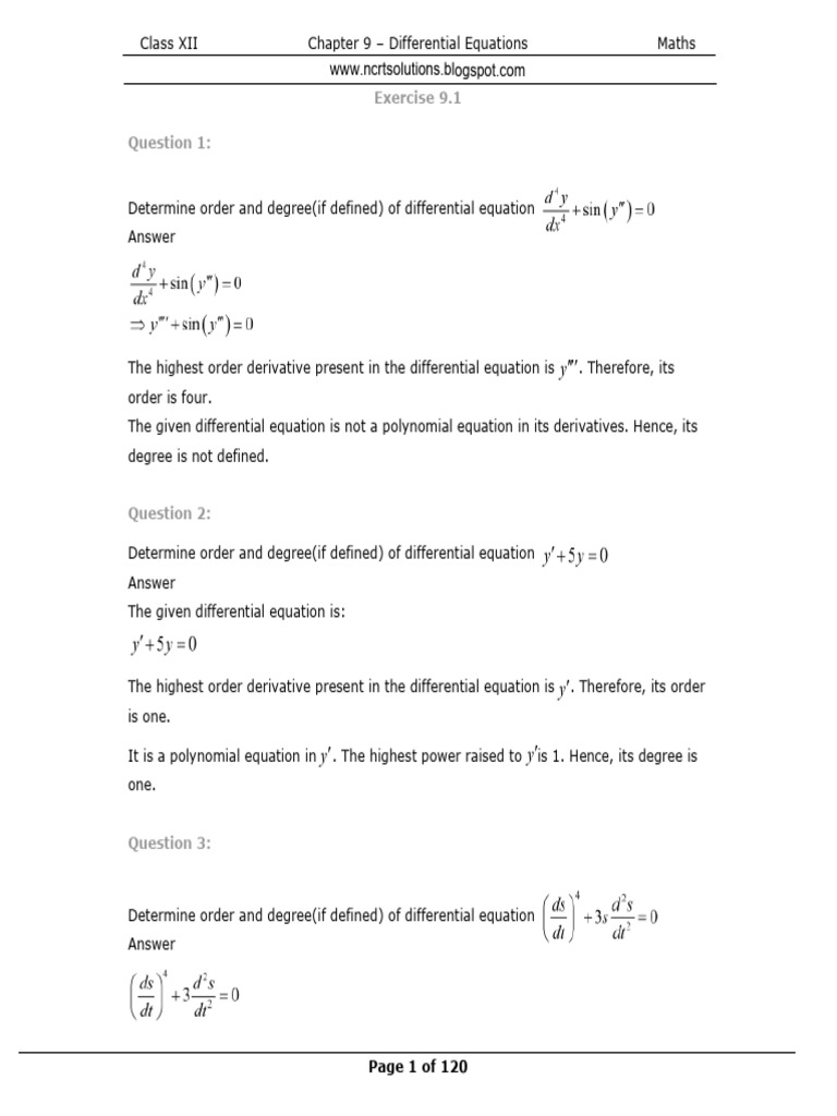 Class 12 Maths: Differential Equations | PDF
