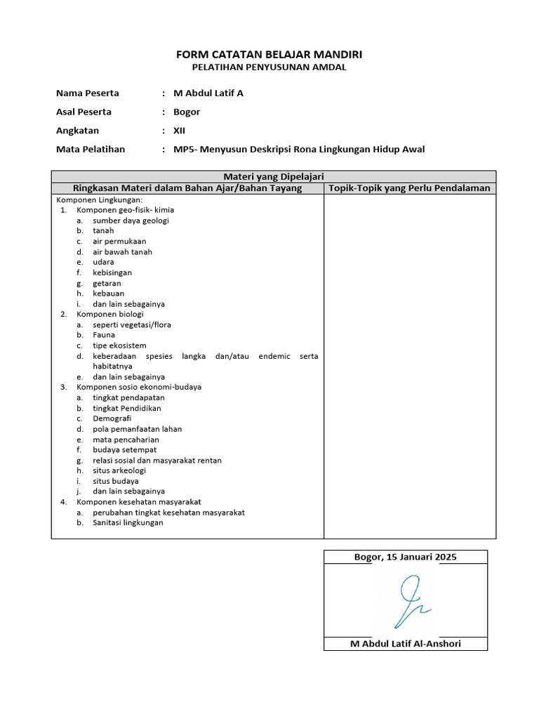 Tugas Belajar Mandiri MP5-Menyusun Deskripsi Rona Lingkungan Hidup Awal | PDF