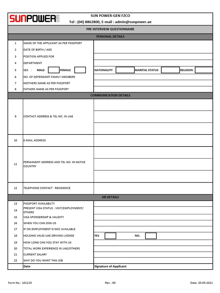 Rev - 00 - Pre - Interview Form | PDF