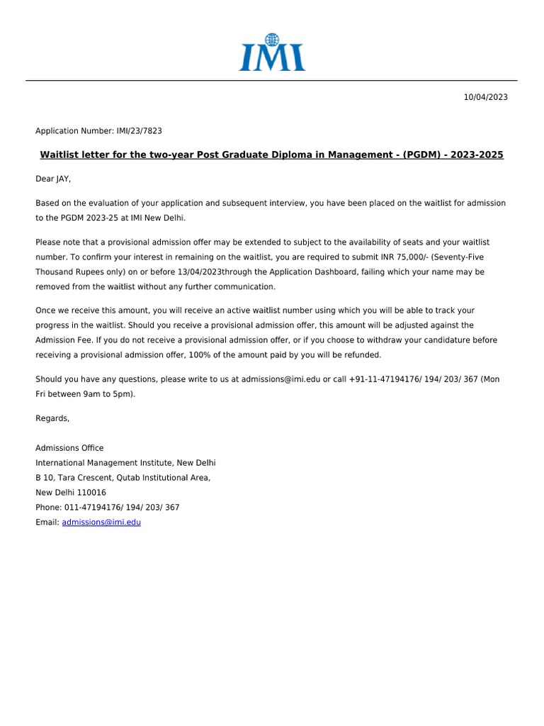 PGDM Waitlist Letter IMI 23 7823 | PDF
