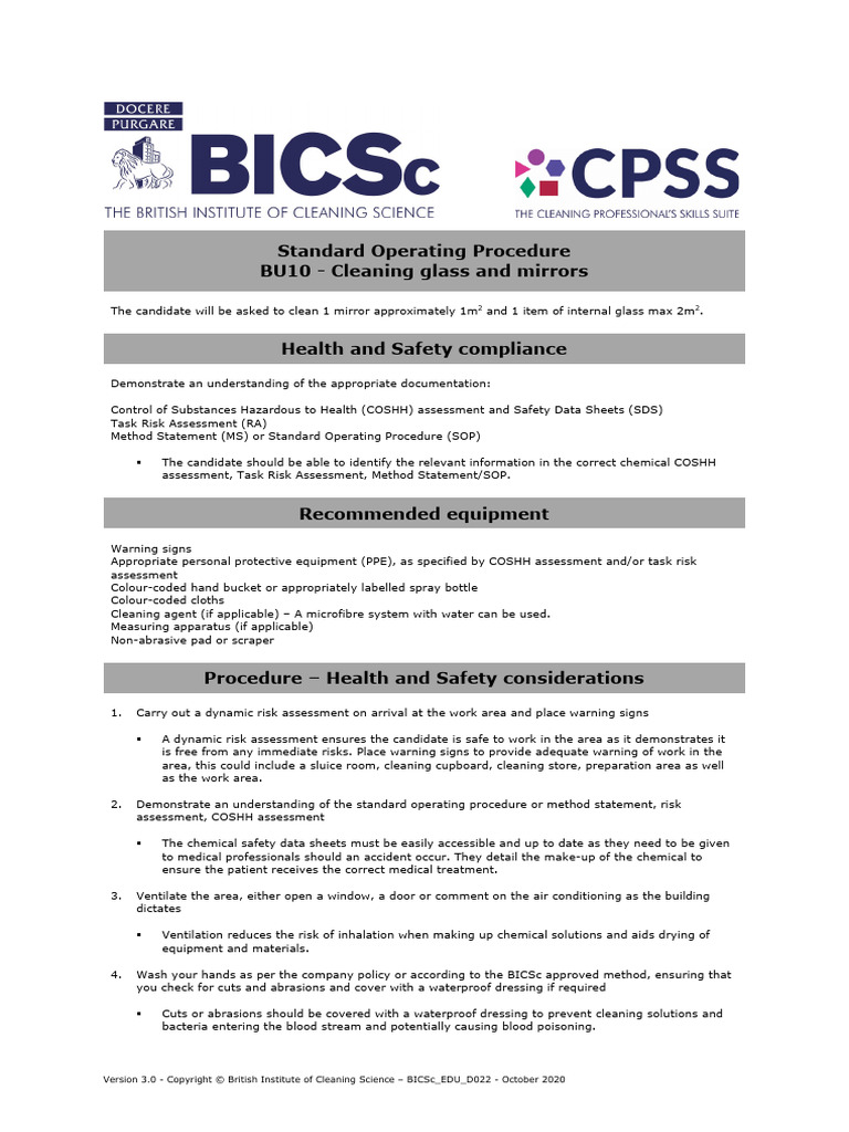 19 - SOP Cleaning Glass and Mirrors | PDF | Safety | Occupational ...