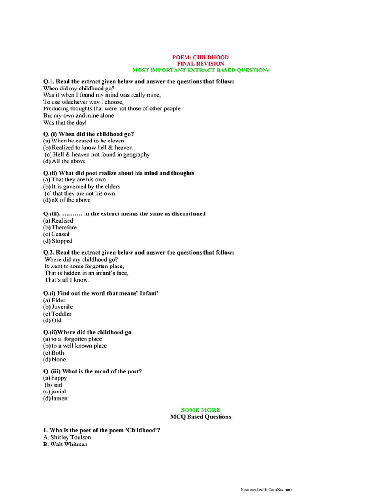 Childhood Extract Based Questions | PDF