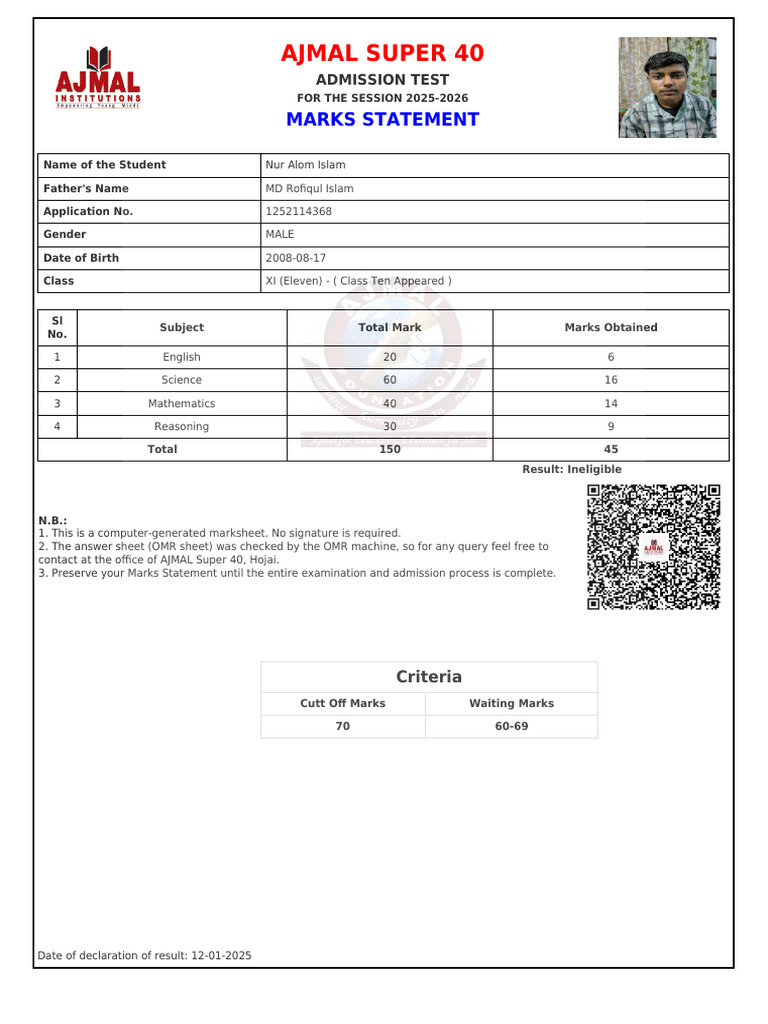 Ajmal Super 40: Marks Statement | PDF