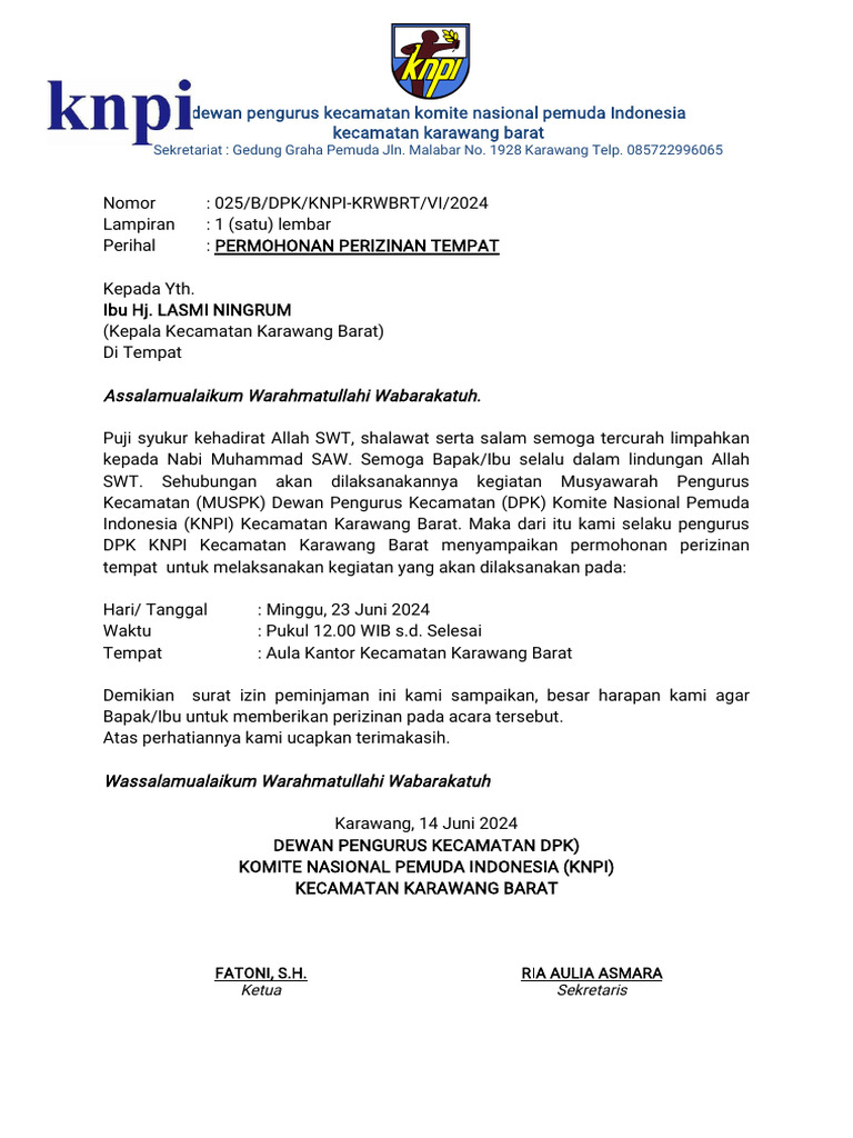 Permohonan Izin MUSPK KNPI Karawang Barat | PDF
