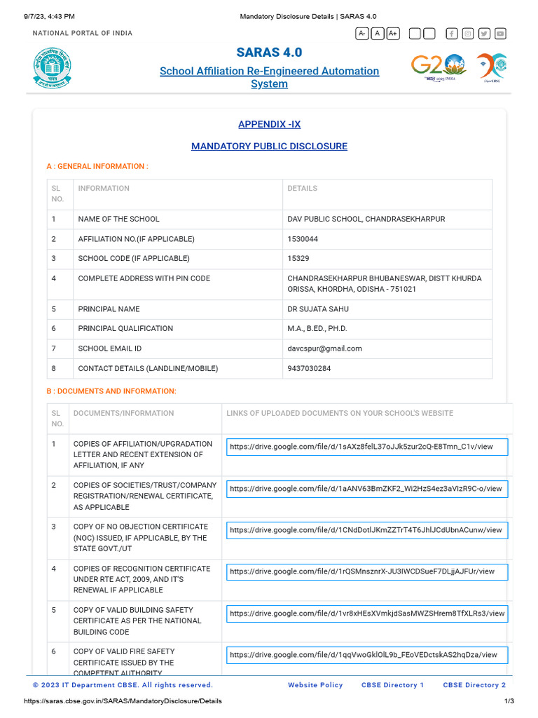 Mandatory Disclosure: DAV School Details | PDF
