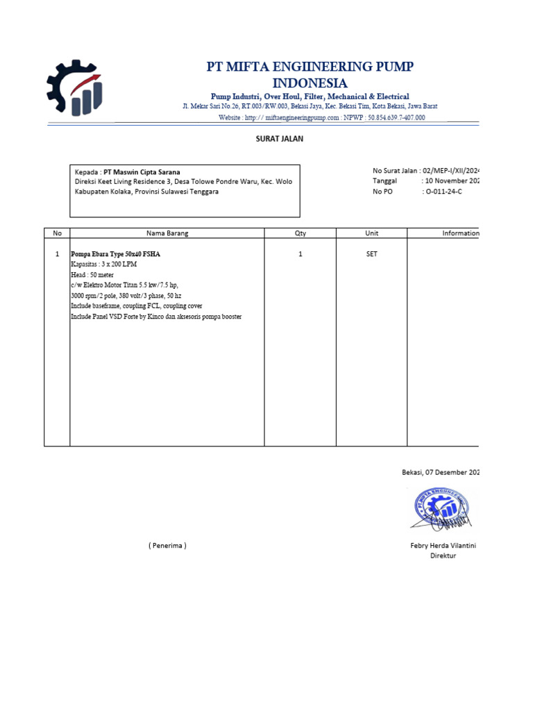 Surat Jalan PT Mepi - PT Maswin Cipta Sarana 'Rev | PDF