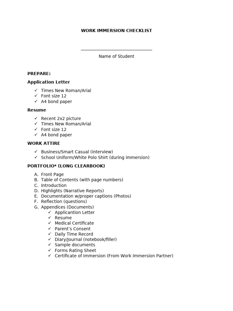 Work Immersion Checklist | PDF