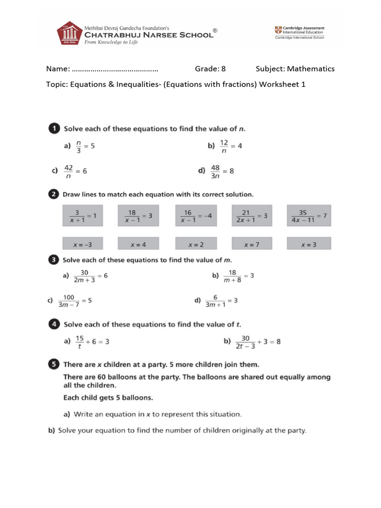 GR8 Equations Inequalities Practice Worksheet | PDF