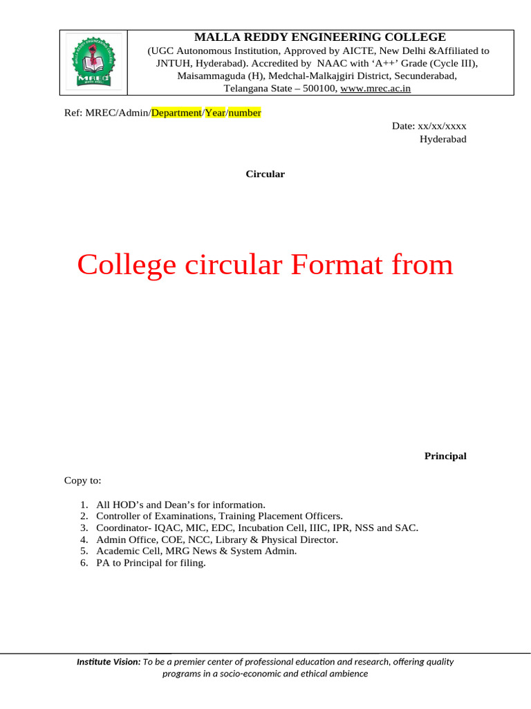 Letter Head Formats For COLLEGE Circulars From June 2023 To Till Date | PDF