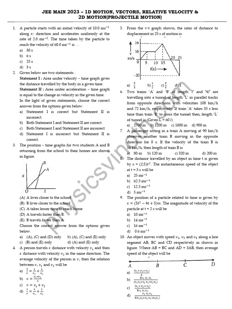 JEE Main 2023: 1D & 2D Motion Problems | PDF | Speed | Projectiles