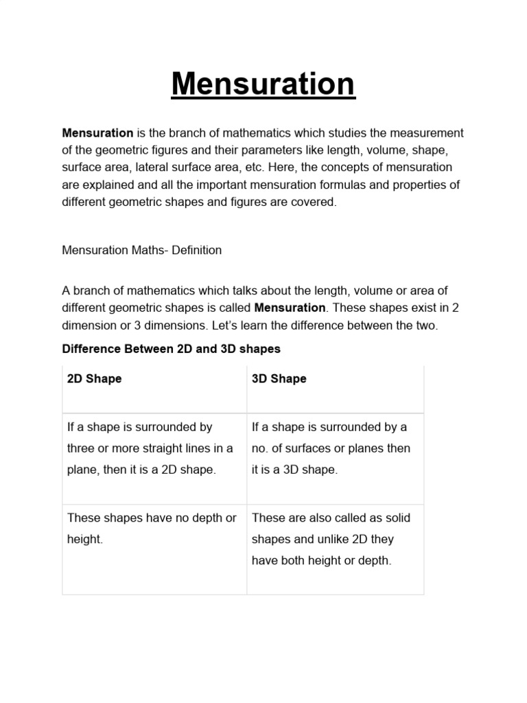 Mensuration: Formulas and Concepts | PDF | Area | Sphere