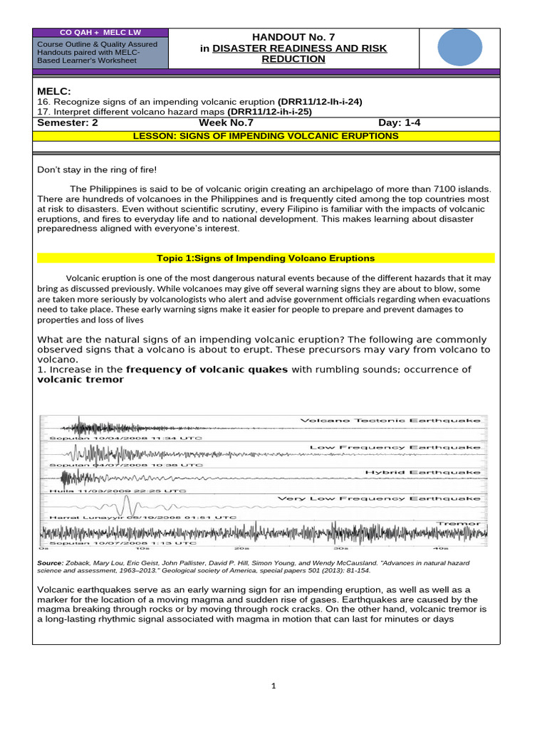 WorksheetHandouts7 DRRR | PDF | Volcano | Earthquakes