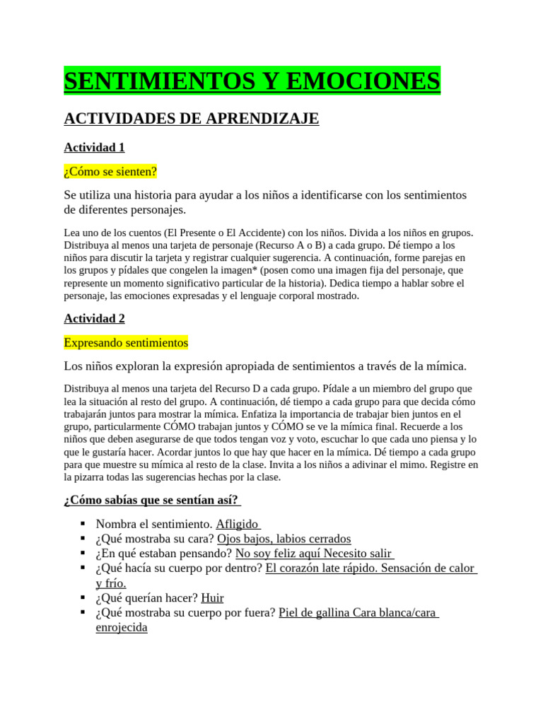 Actividades de Sentimientos y Emociones | PDF | Las emociones | Aprendizaje
