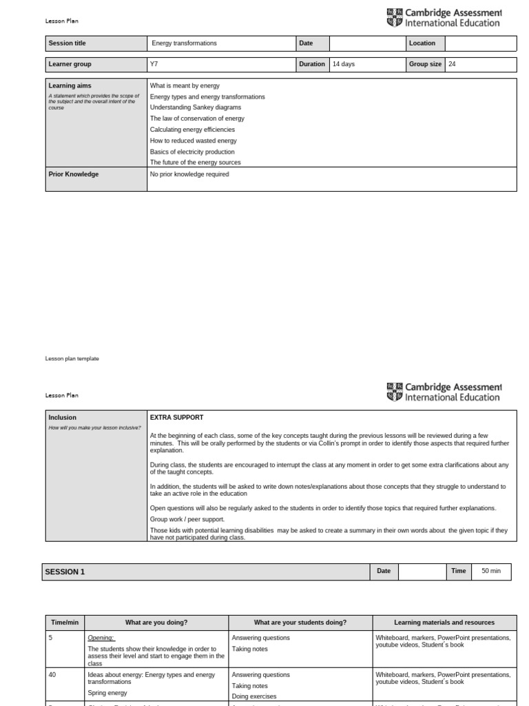 Cambridge Lesson Plan - Y7 - Energy | PDF | Lesson Plan | Learning
