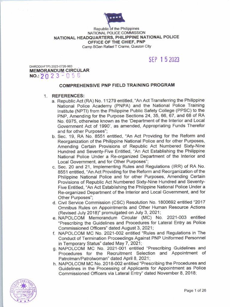 PNP MC 2023 056 Comprehensive PNP Field Training Program 20230926 15061374 | PDF