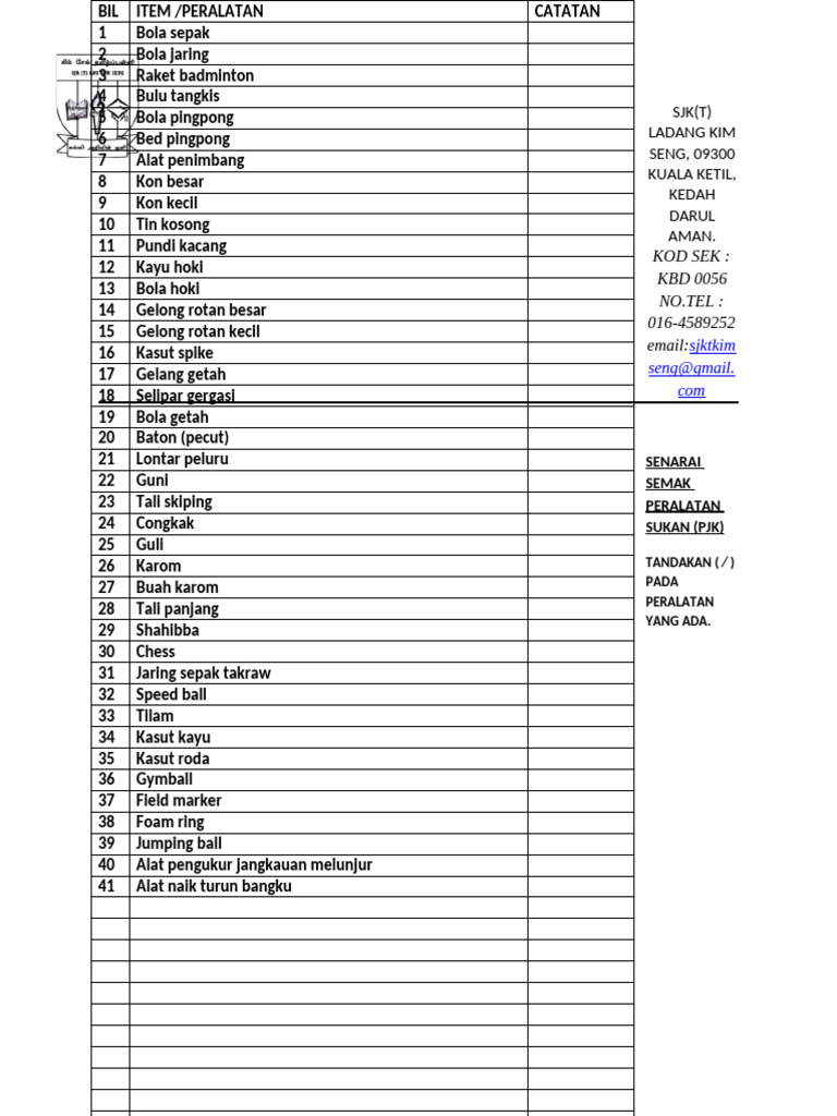 Senarai Semak Peralatan Sukan | PDF