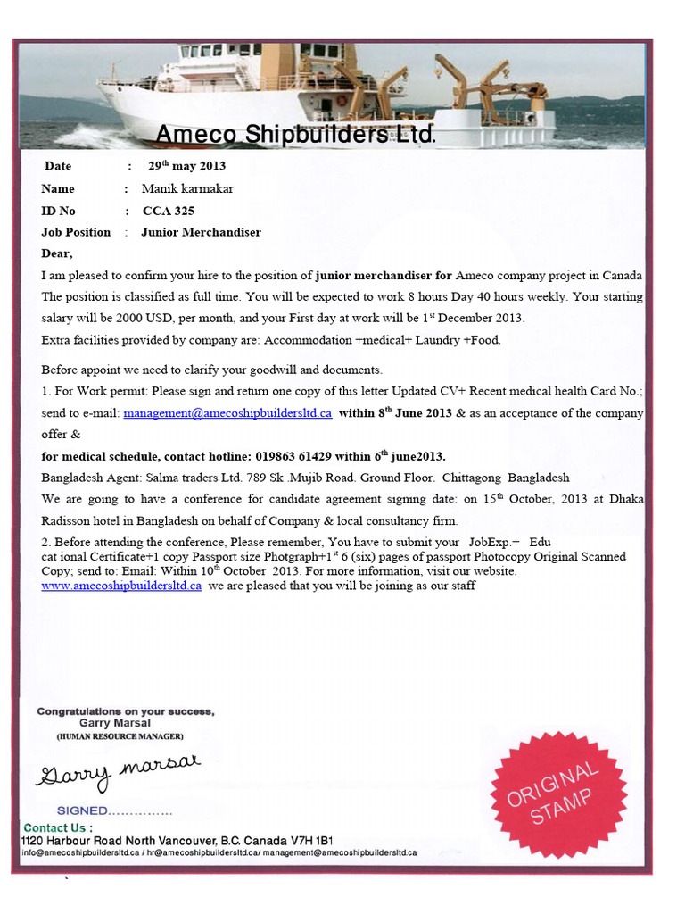 Offer Letter For Canada | PDF