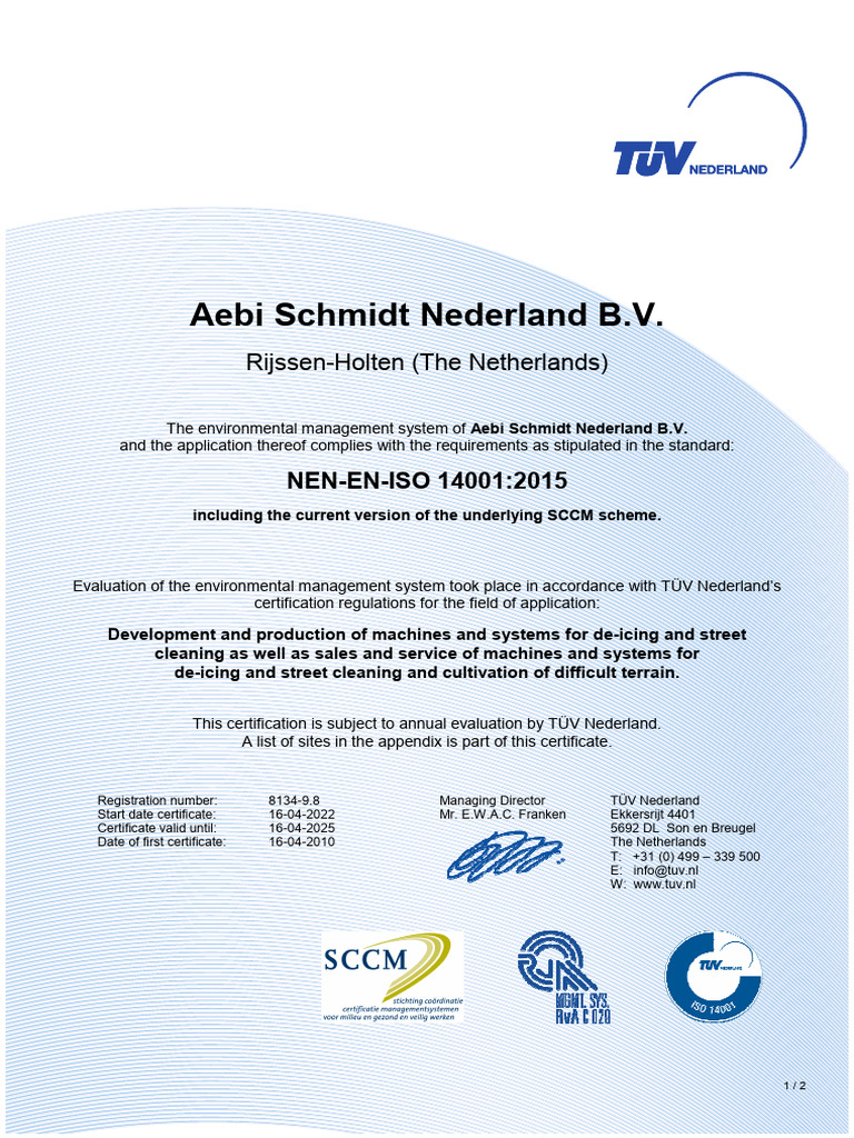 Aebi Schmidt Environmental Certification | PDF | Economy And The ...