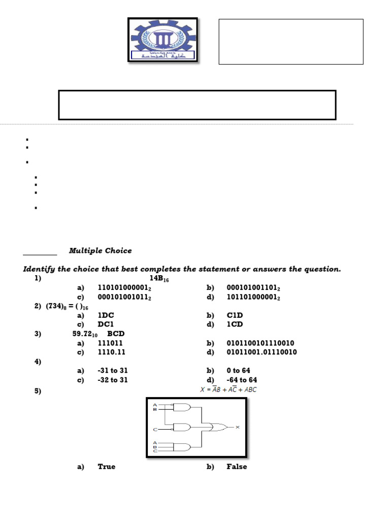 First Exam Logic Design 2018-1 | PDF | Mathematical Logic | Mathematics