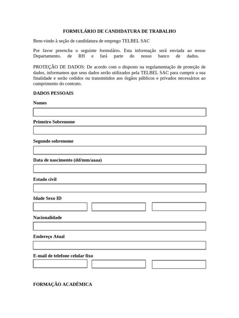 Formulário de Candidatura TELBEL SAC | PDF