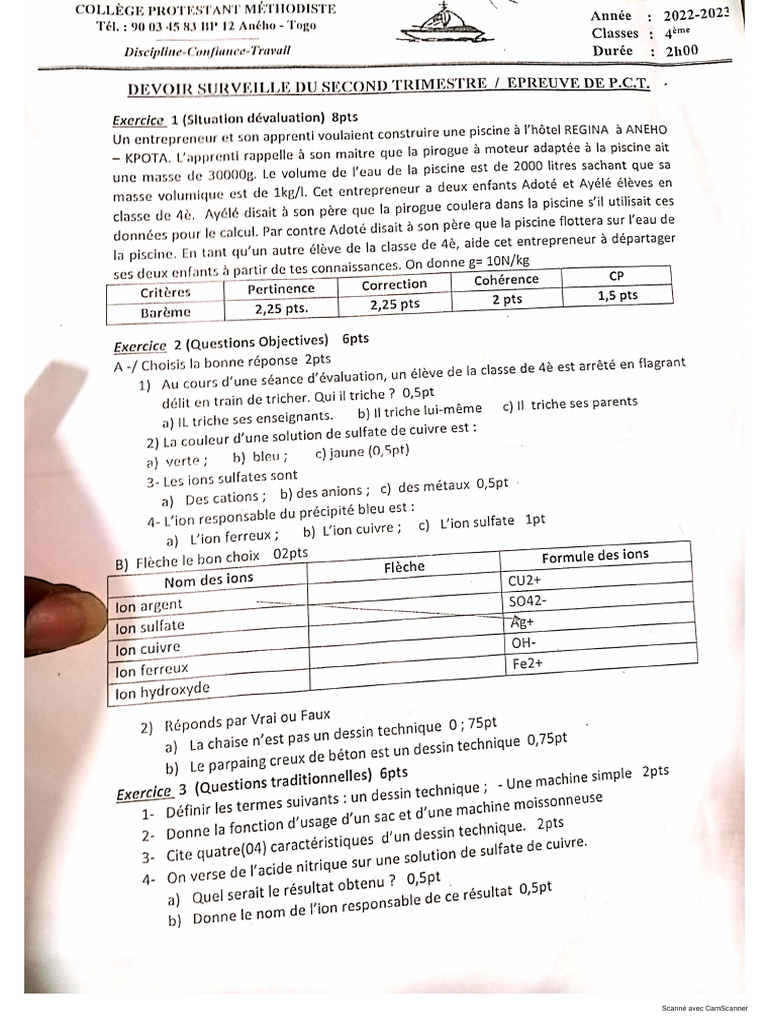 Devoir 2e Tri PCT 4e | PDF