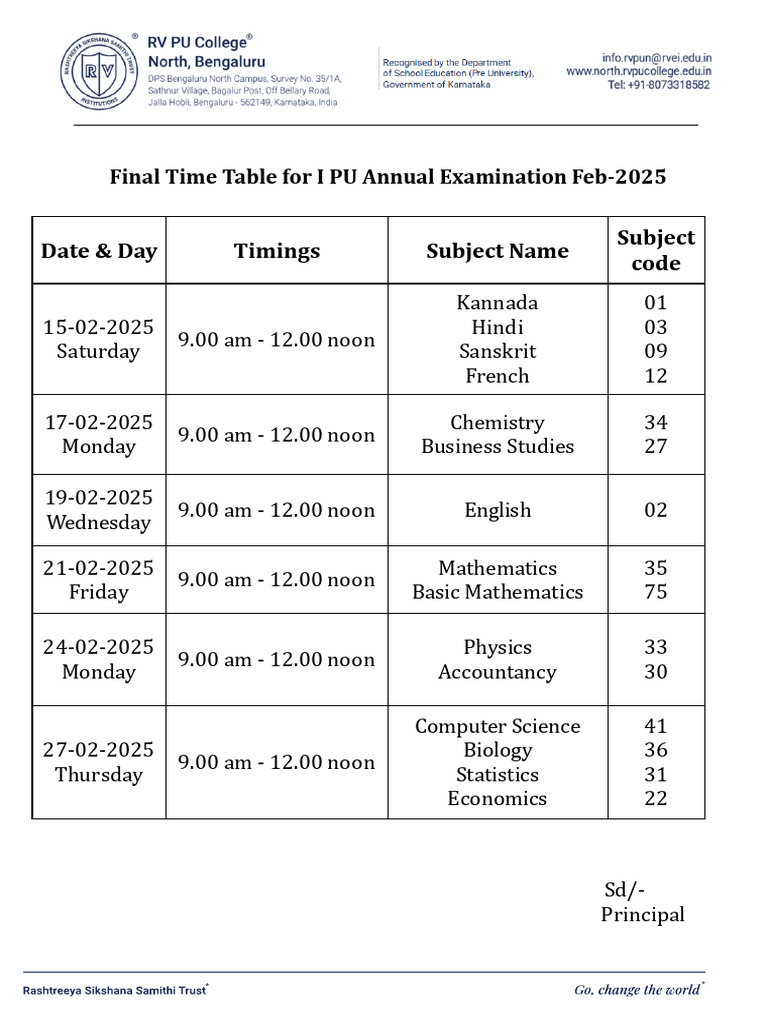I PU Annual Examination Time Table RVPUN | PDF