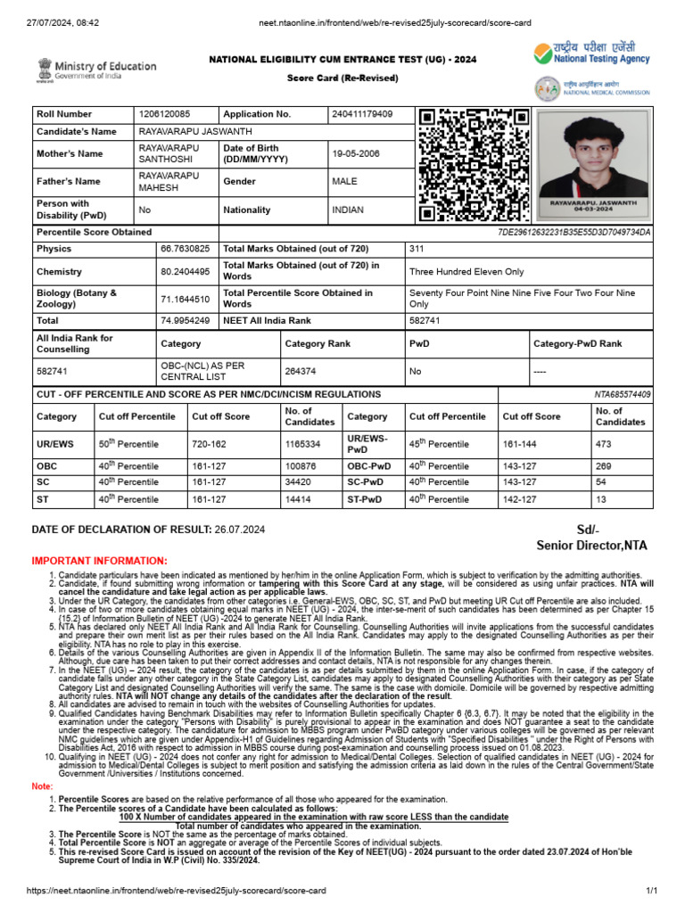 Final Score Card After Revised Neet Marks | PDF | Student Assessment And Evaluation | Qualifications