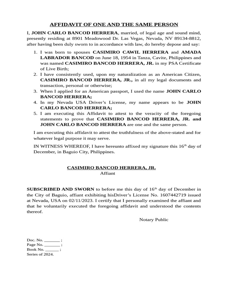 Affidavit of One and The Same Person | PDF